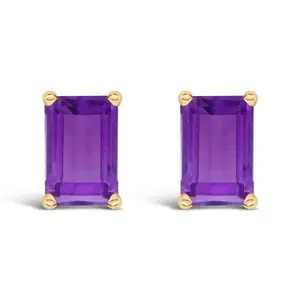 HAUS OF BRILLIANCE 14k Gold Emerald Cut Gemstone Stud Earrings - Purple Amethyst | Yellow